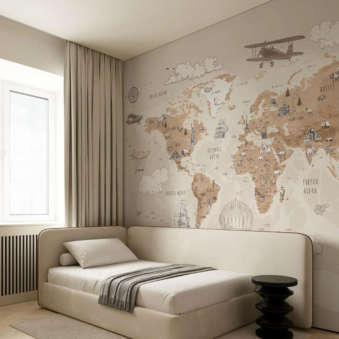 Educational World Map Wallpaper: Kids' Room Animal Atlas Mural - Etsy