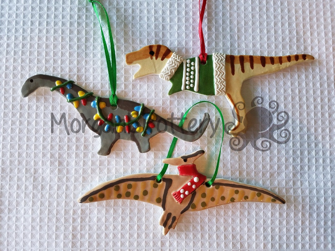 Dinosaur Ornaments Set of 3 Ceramic Green T-rex, Pteranodon ...