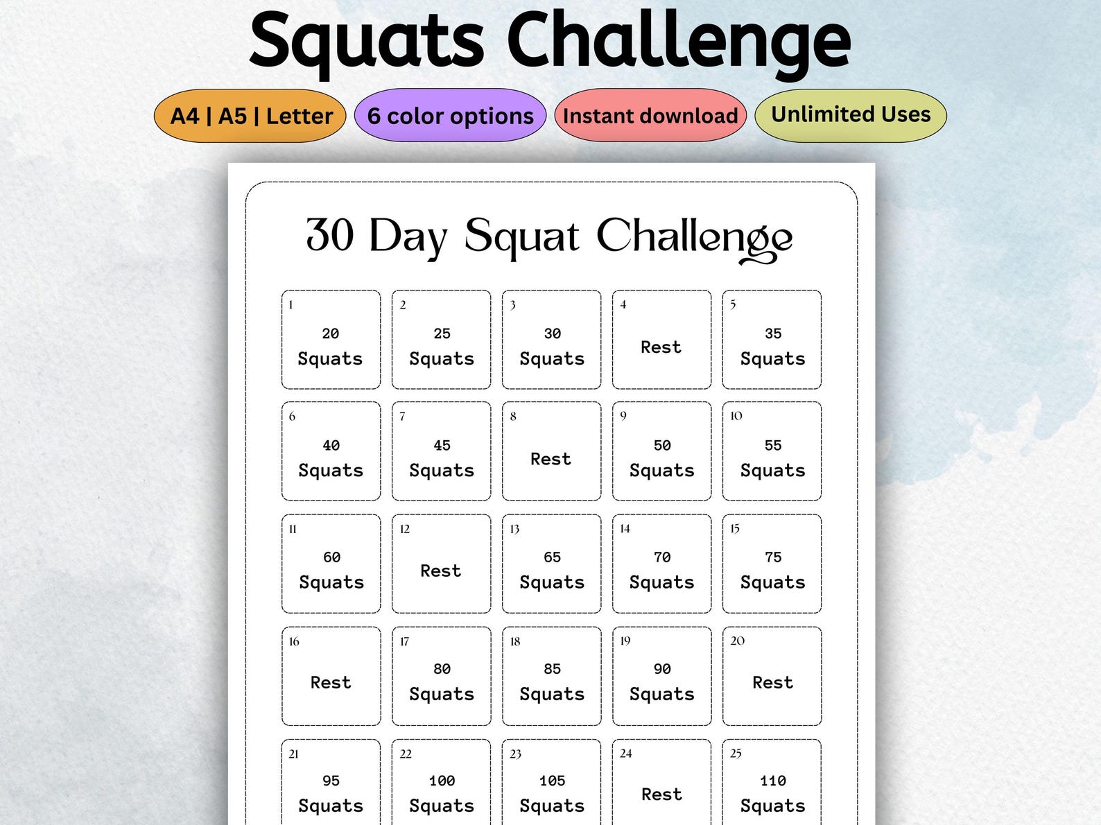 30 Day Squat Challenge Template | Printable Fitness Planner | Workout ...