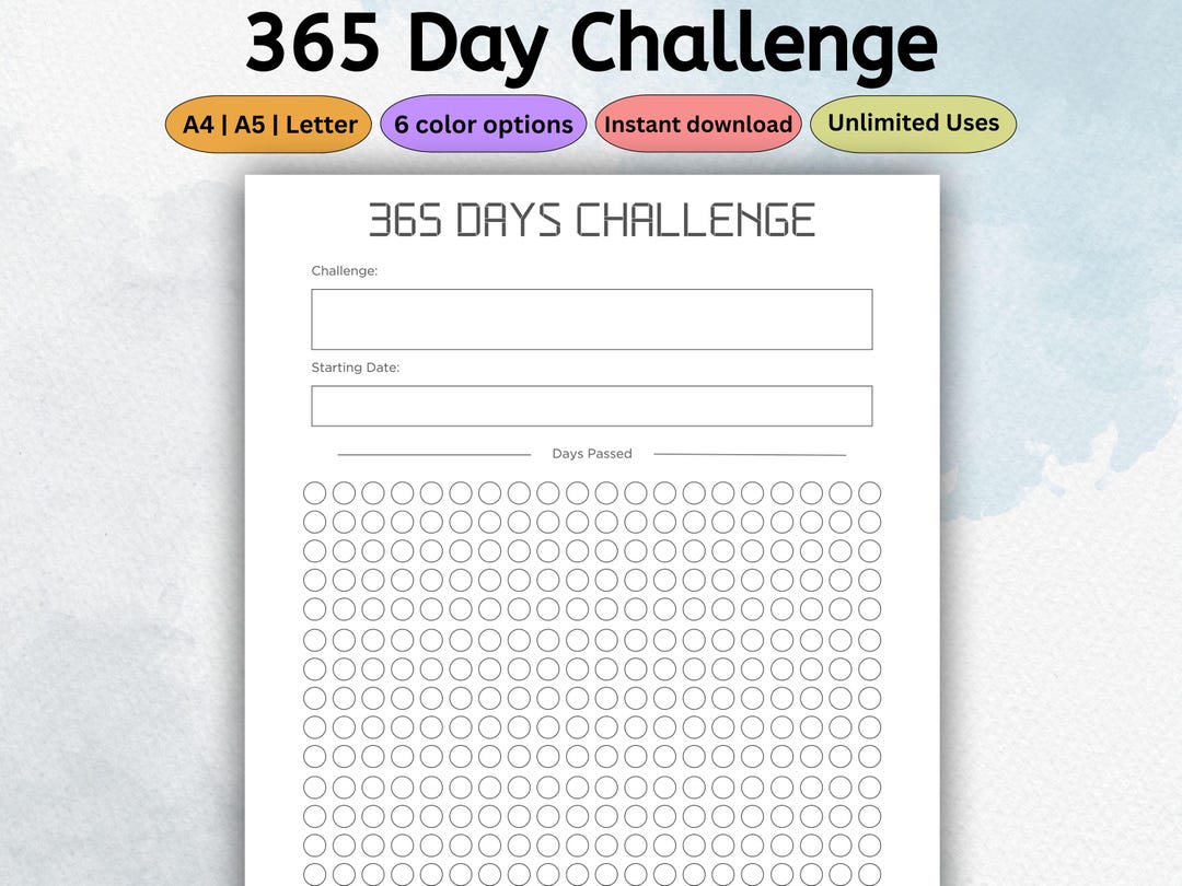 365 Days Challenge Tracker | Printable Fitness Planner Template | Goal ...