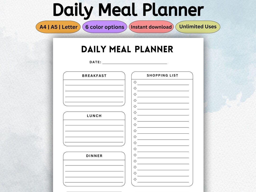 Daily Meal Planner Template | Printable Food Tracker & Log | Meal ...