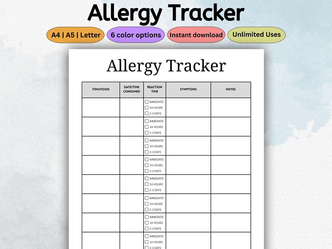 Allergy Tracker Planner Template | Printable Food Allergy List ...
