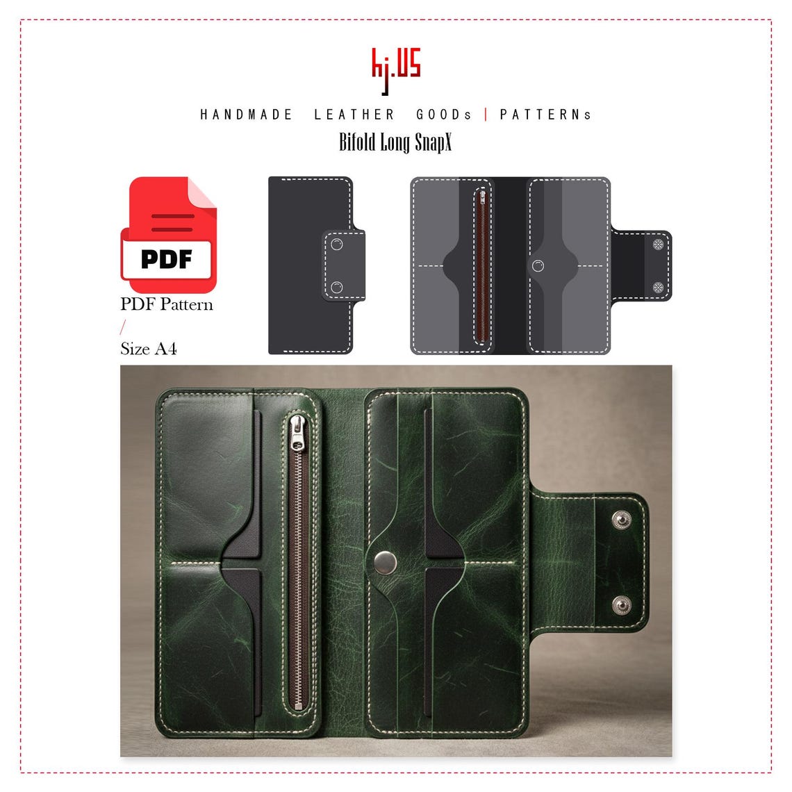 Leather Long Wallet PDF Pattern_zipper Pocket_snap Closure (A4 ...