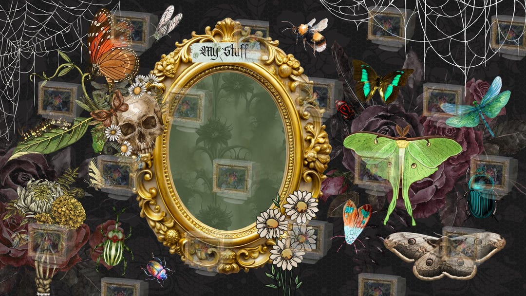 Dark Cottagecore Desktop Wallpaper: Gothic Skull & Insect Collage ...