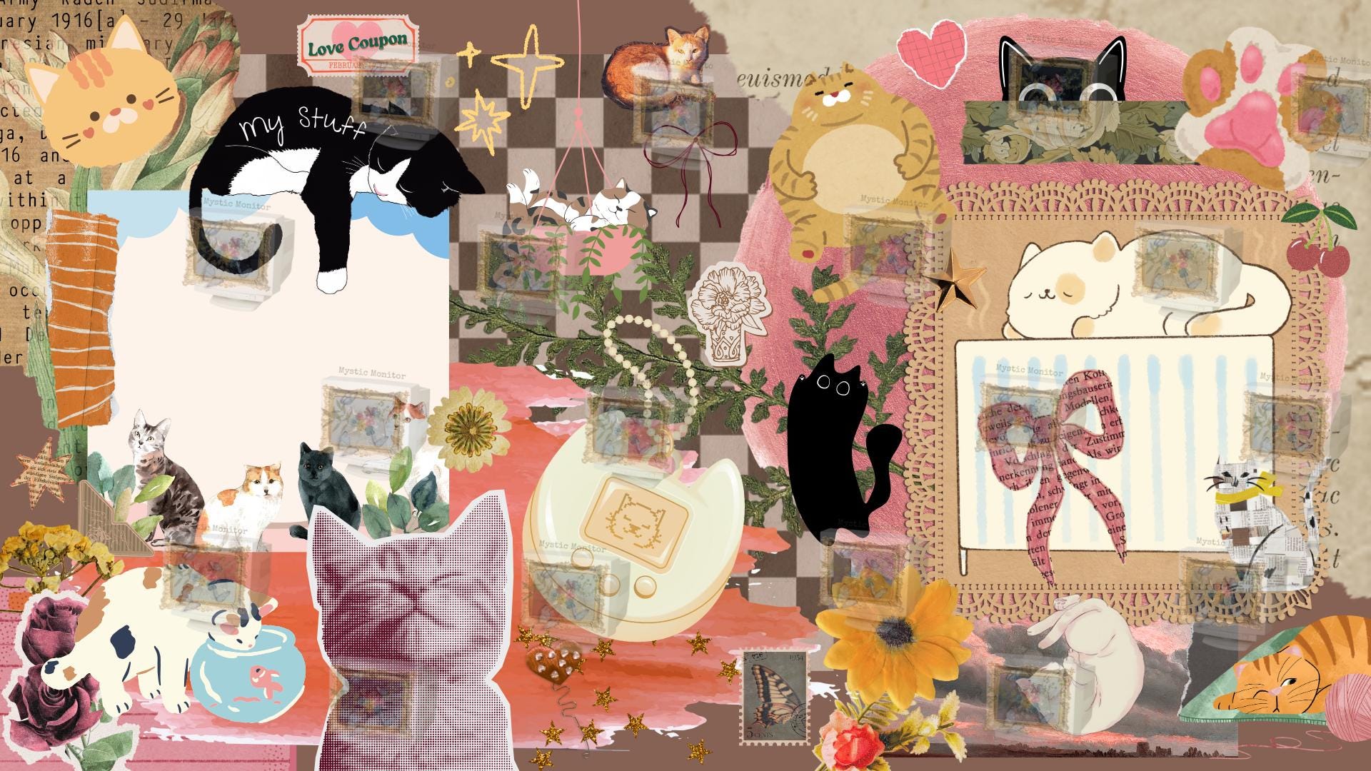 Cute Cat Collage Desktop Wallpaper | Cozy Cottagecore Kitty Aesthetic ...