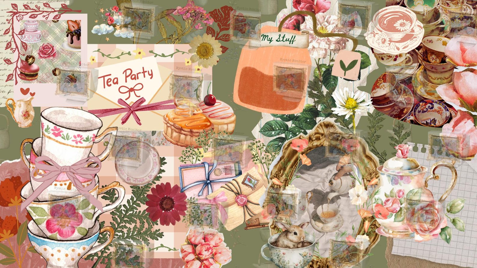 Cottagecore Tea Party Desktop Wallpaper: Vintage Floral Collage ...