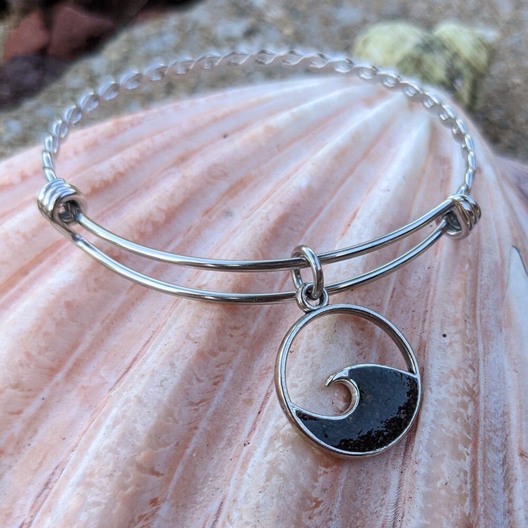 Beach Sand Filled Ocean Wave Charm on Stainless Steel Expandable ...