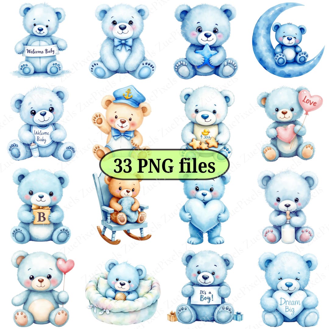 Blue Teddy Bear Clipart: Baby Shower PNG Set (34 Files, Digital ...