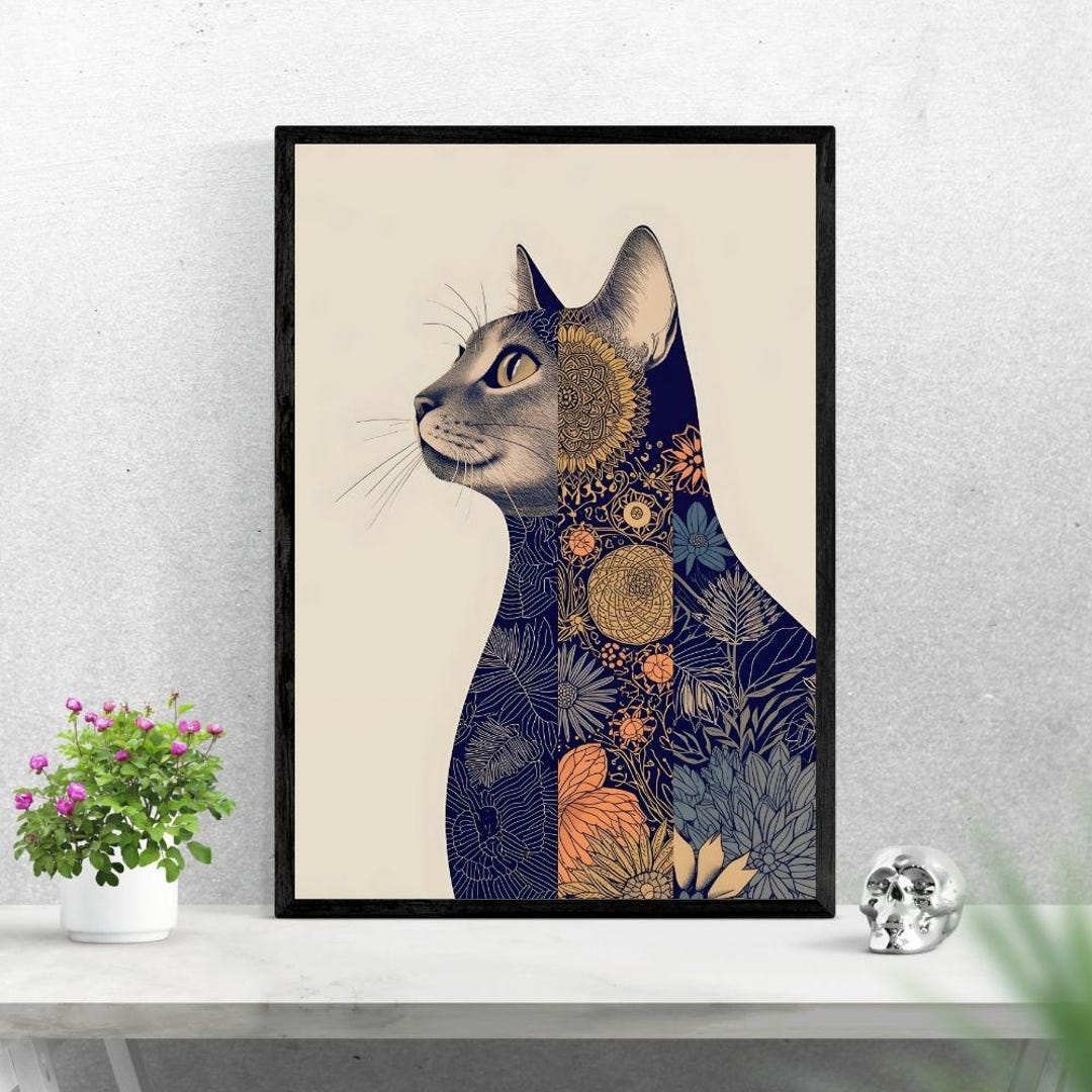 Boho Floral Cat Print: Botanical Cat Wall Art (digital Download) - Etsy