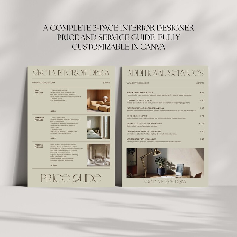 Interior Design Service Price Guide Template, Editable Canva (A4/US ...
