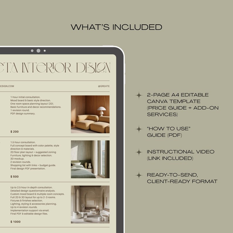 Interior Design Service & Price Guide | 2-page Editable Canva Template ...
