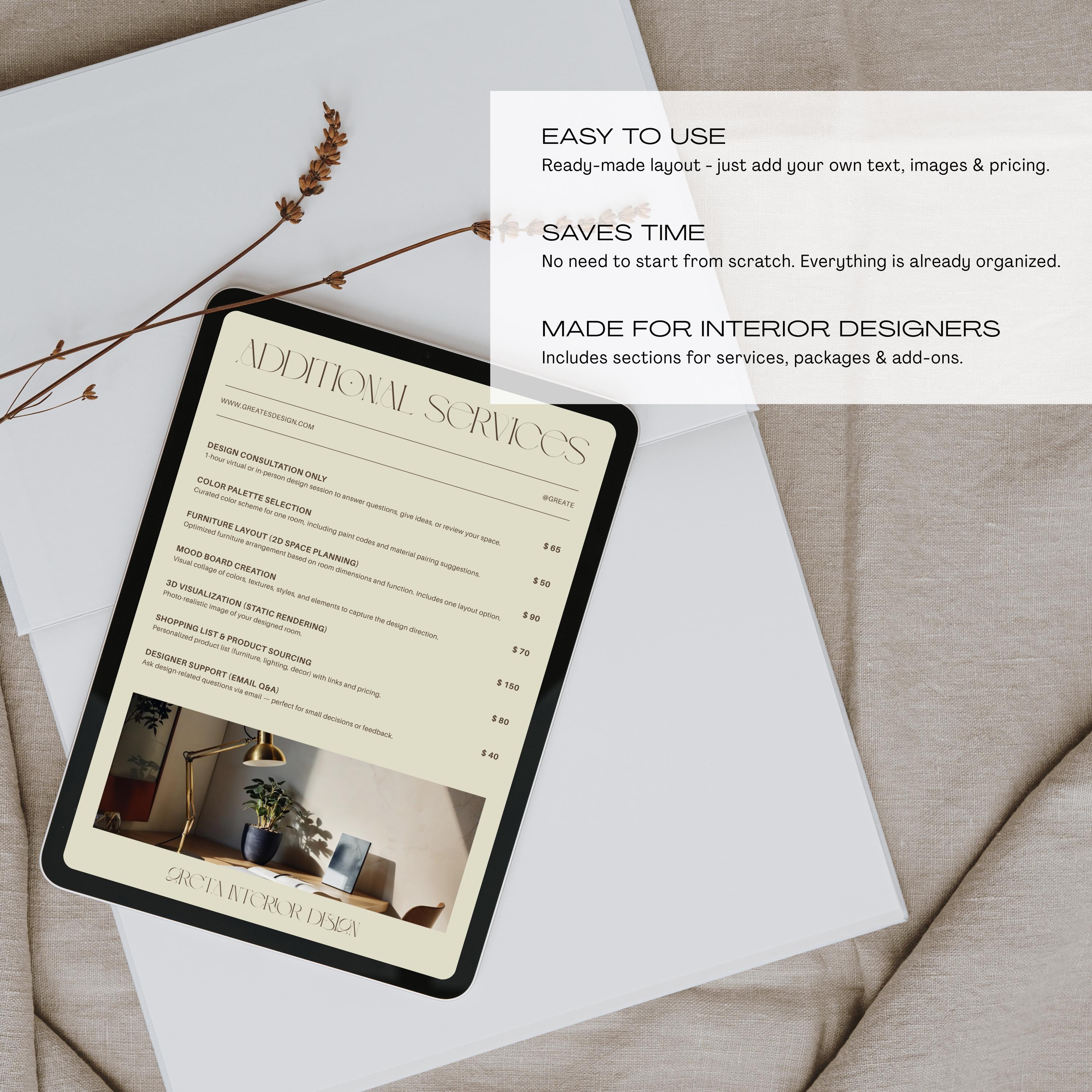 Interior Design Service & Price Guide | 2-page Editable Canva Template ...