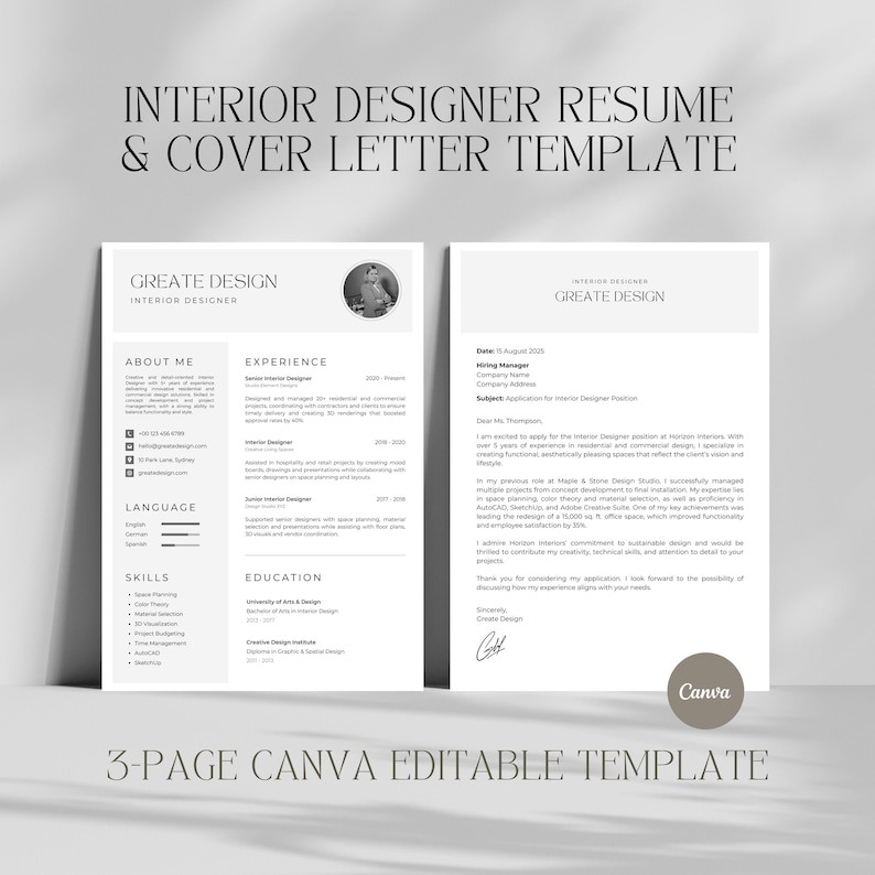 Interior Designer Resume Template + Cover Letter | Modern, Minimalistic ...