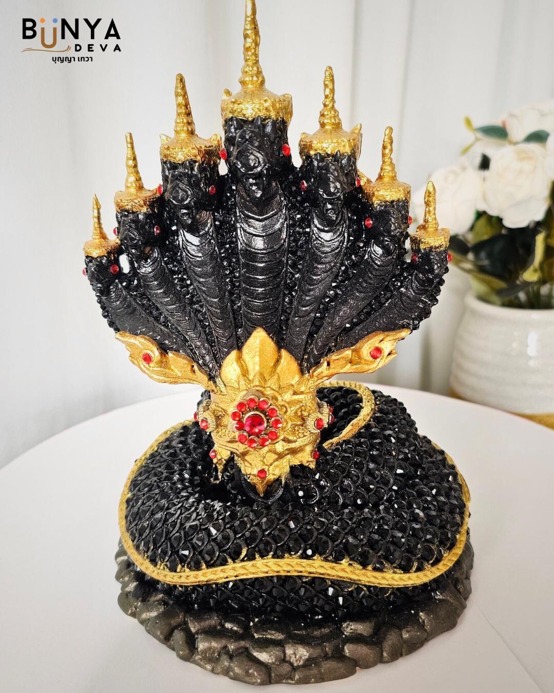 Seven-headed Naga Deity Statue – Crystal-encrusted, Black & Gold ...