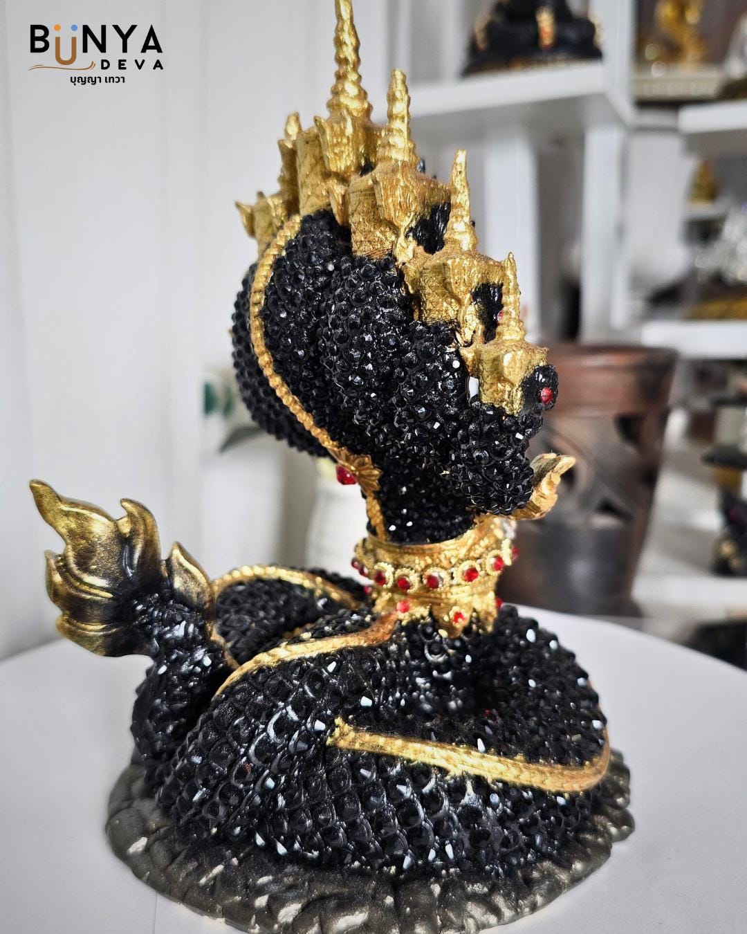 Seven-headed Naga Deity Statue – Crystal-encrusted, Black & Gold ...