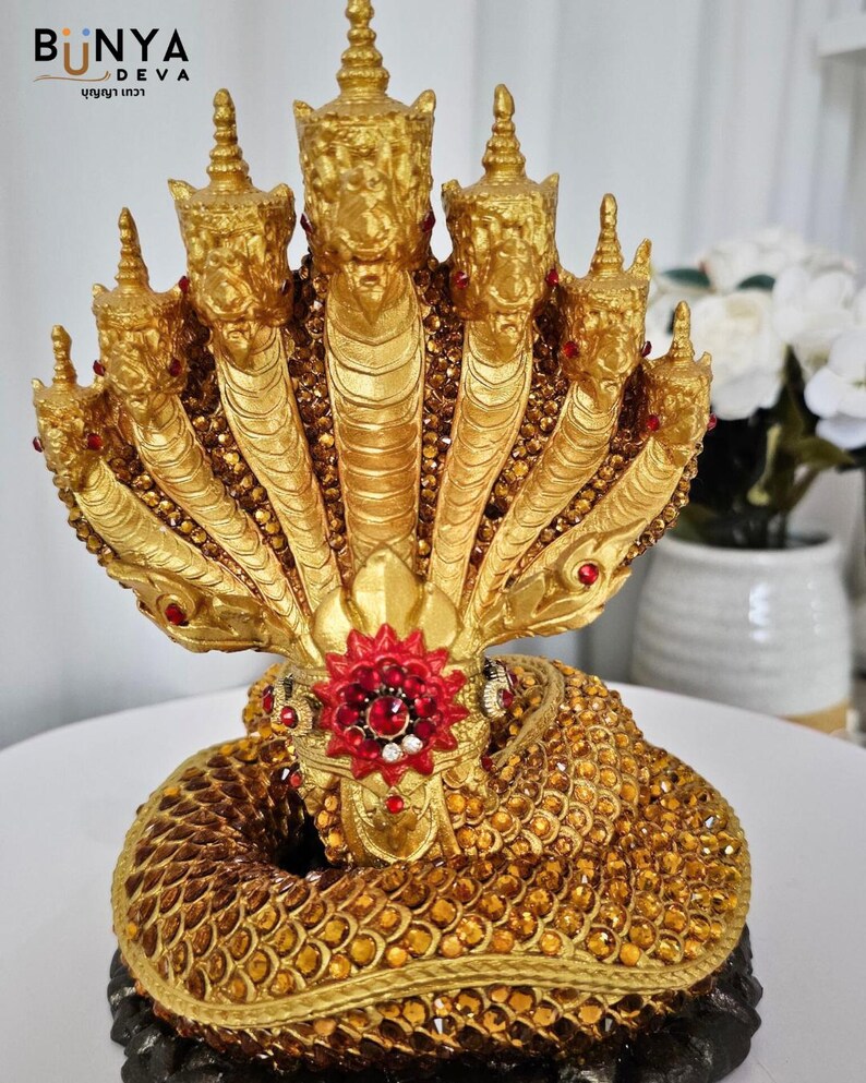 Seven-headed Naga Deity Statue – Crystal-encrusted, Black & Gold ...