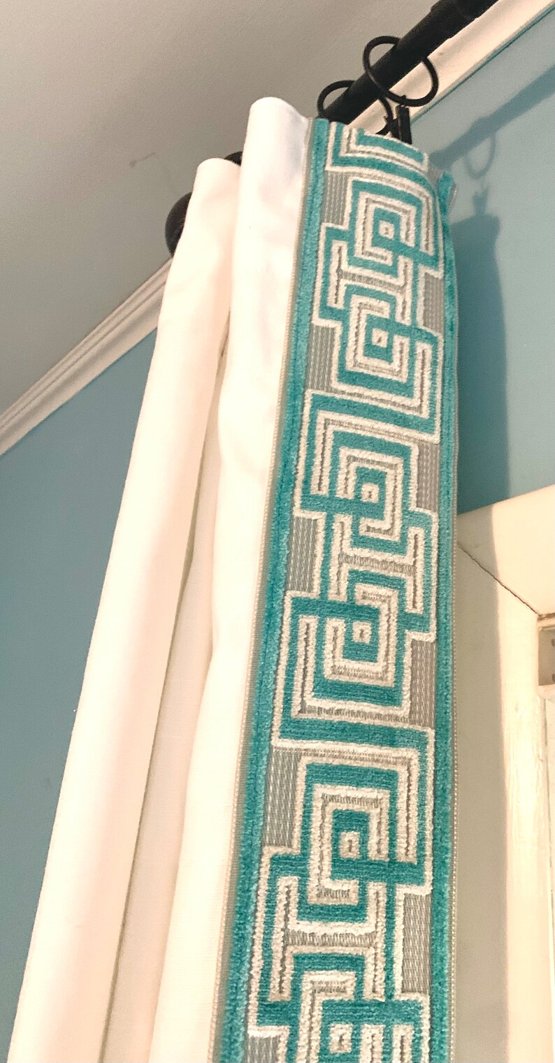 Extra Wide Athena Greek Key Trim Curtains, Teal Greek Key Fretwork ...