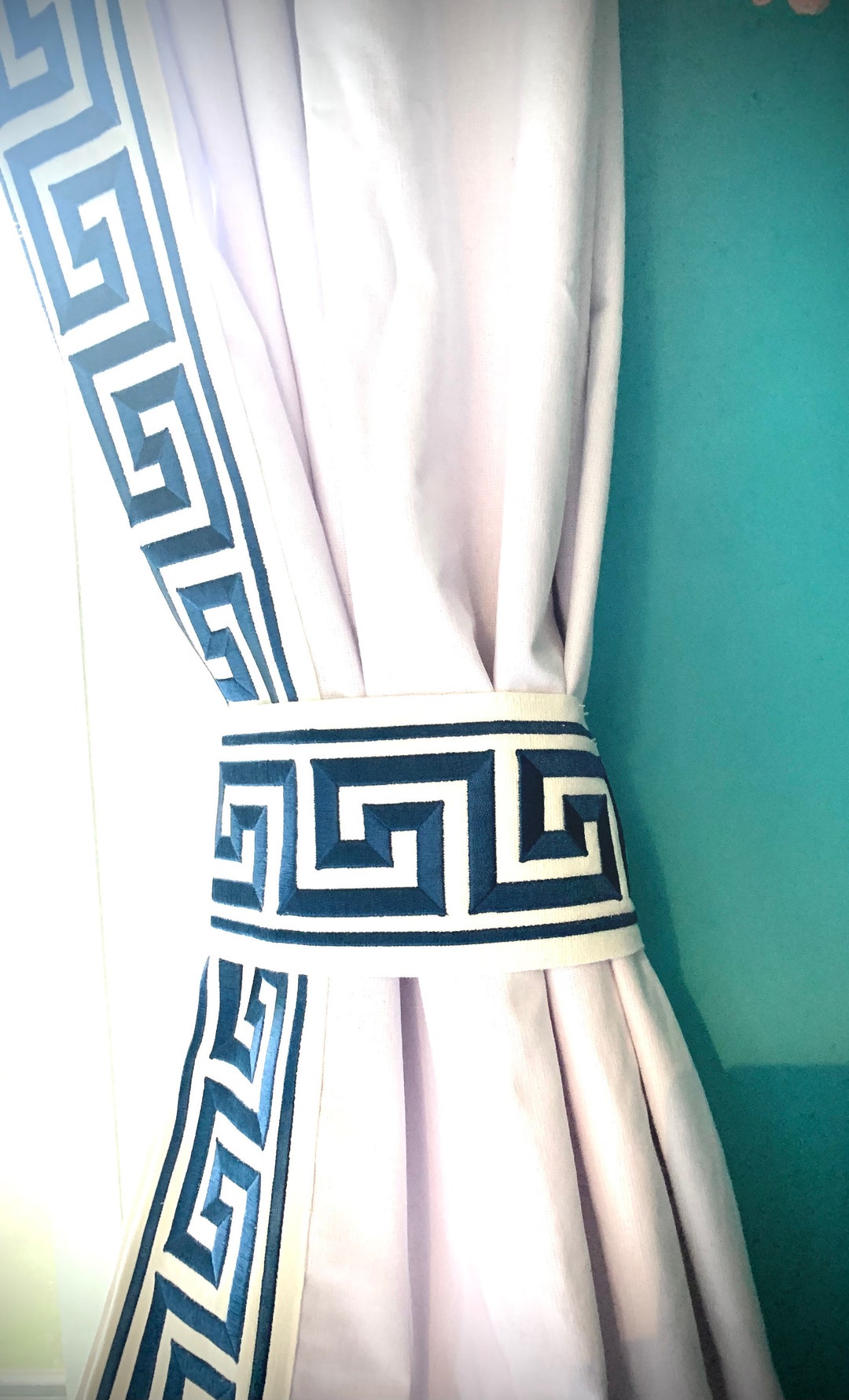 Greek Key Curtains With Extra Wide Trim, Greek Key Blackout Curtains ...