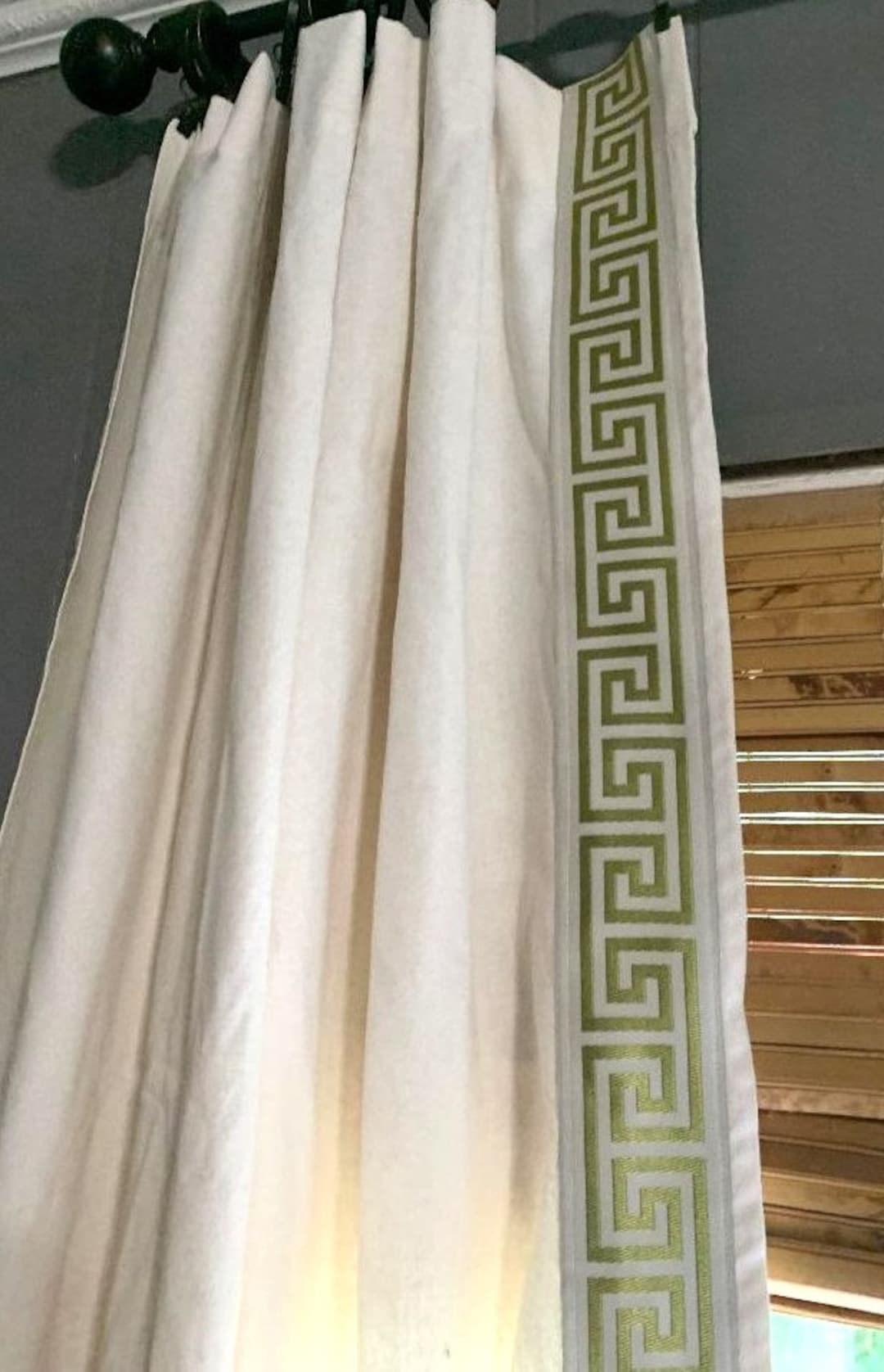 Ivory Linen Cotton Blend Greek Key Trim Curtains, Greek Key Curtains ...
