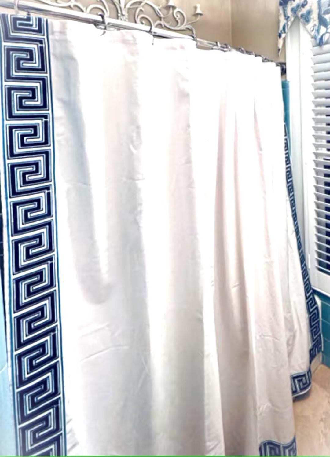 Greek Key Trimmed Shower Curtain, Extra Wide Greek Key Shower Curtain ...