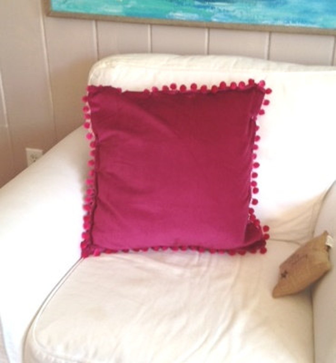 Magenta Pink Velvet Pillow Cover With Magenta Pink Poms. Pom Pom Pillow ...