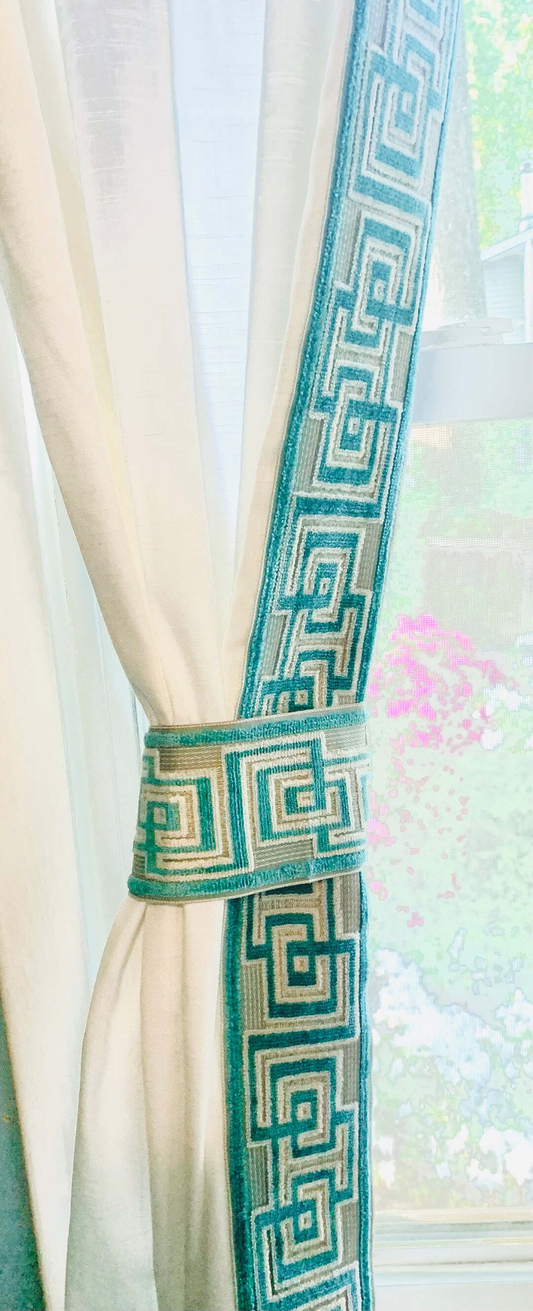 Extra Wide Athena Greek Key Trim Curtains, Teal Greek Key Fretwork ...