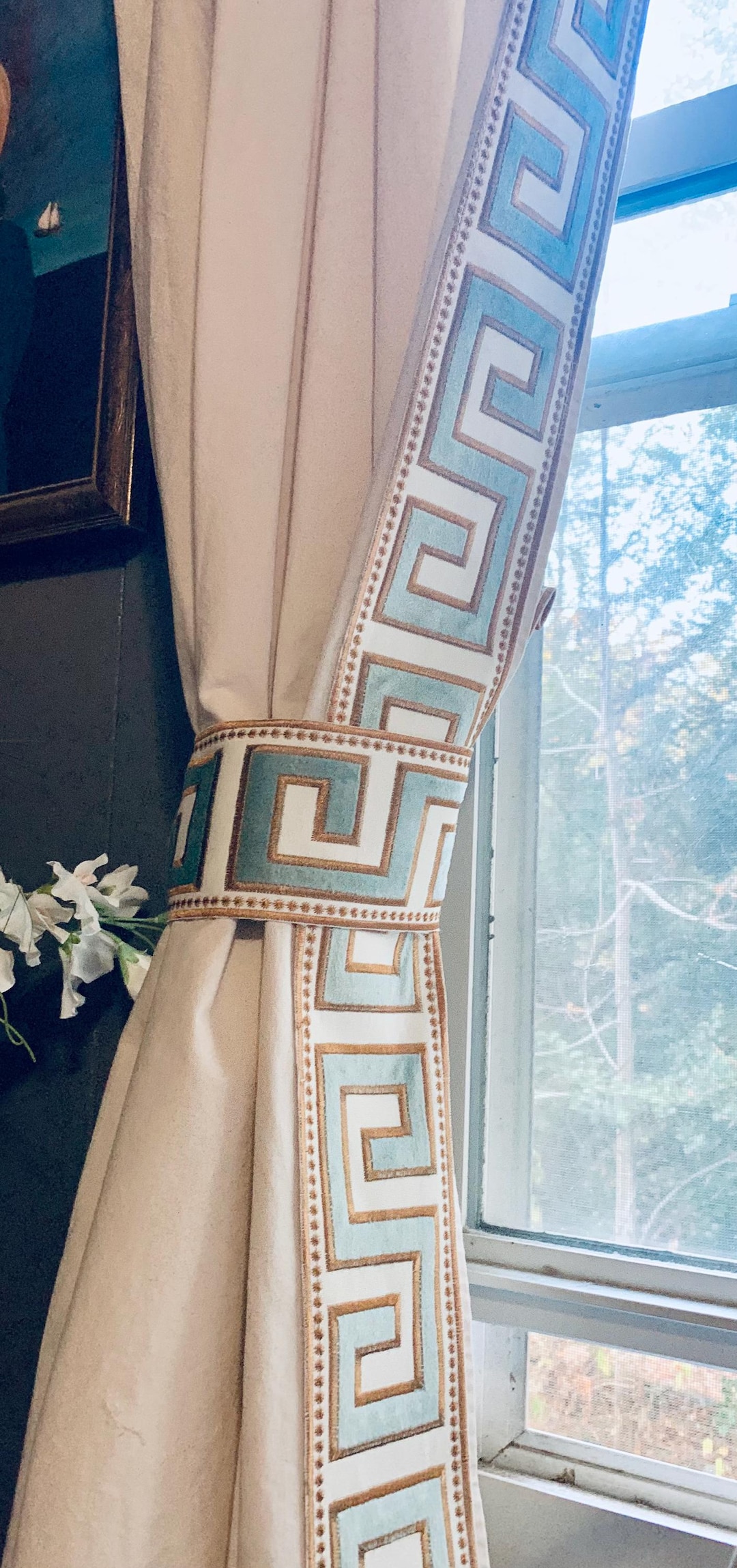 Wide Velvet Greek Key Trimmed Curtains, Greek Key Blackout Curtains ...