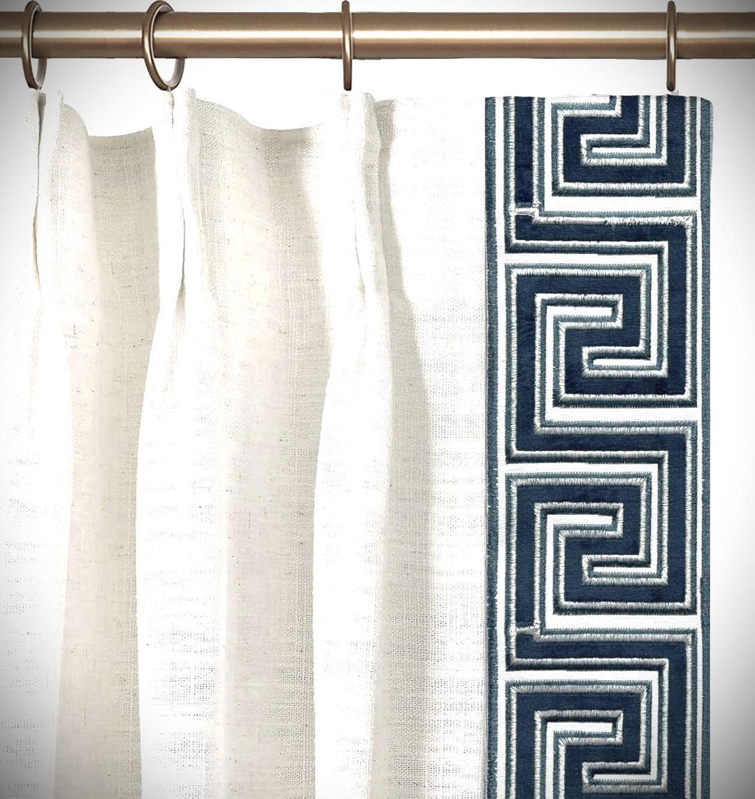 Extra Wide Velvet Greek Key Trimmed Curtains, Greek Key Blackout ...