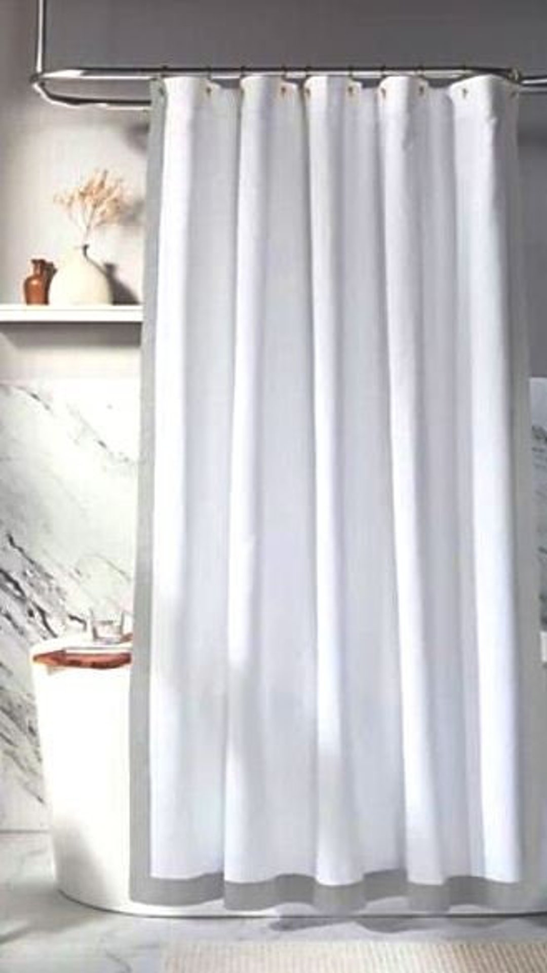 Ribbon Border Shower Curtain, White Cotton Border Shower Curtain, Color ...