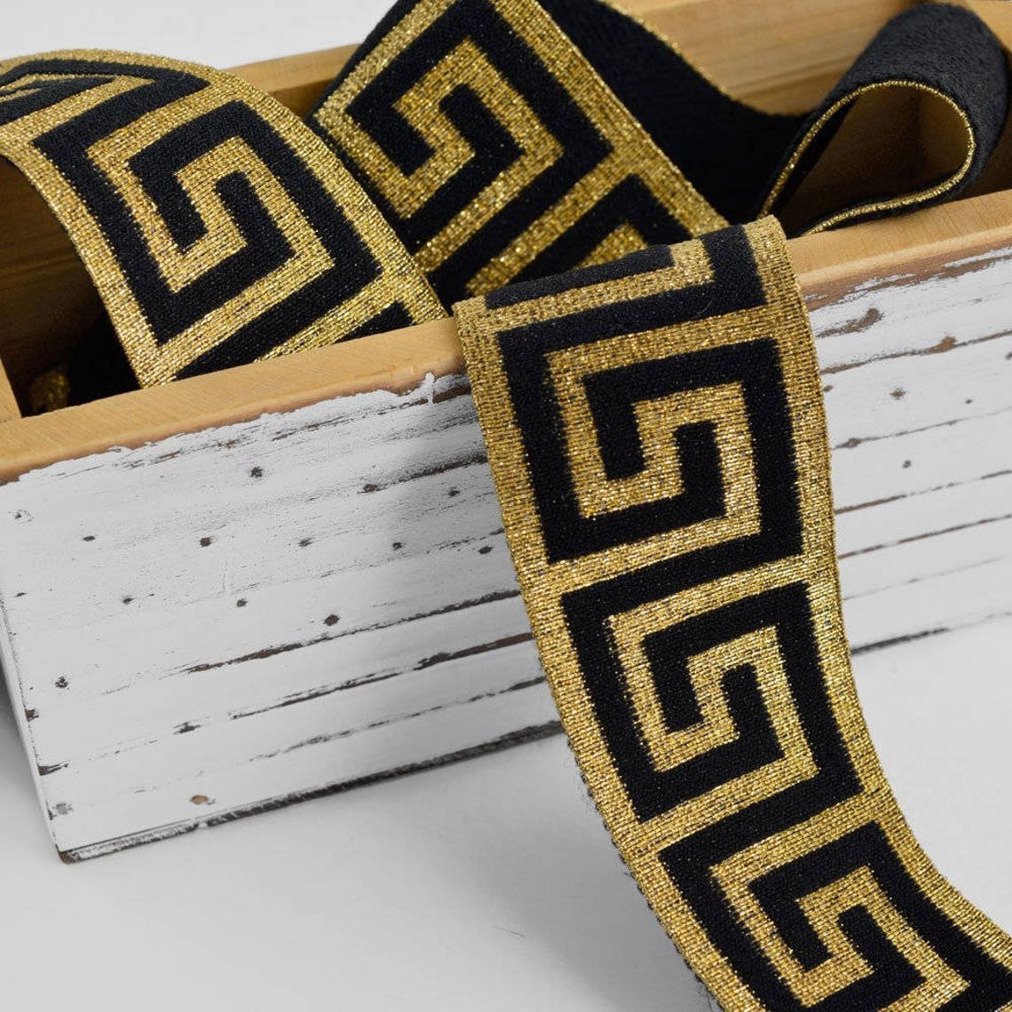 Black Curtains With Greek Key Ribbon Trim, Greek Key Trimmed Curtains ...