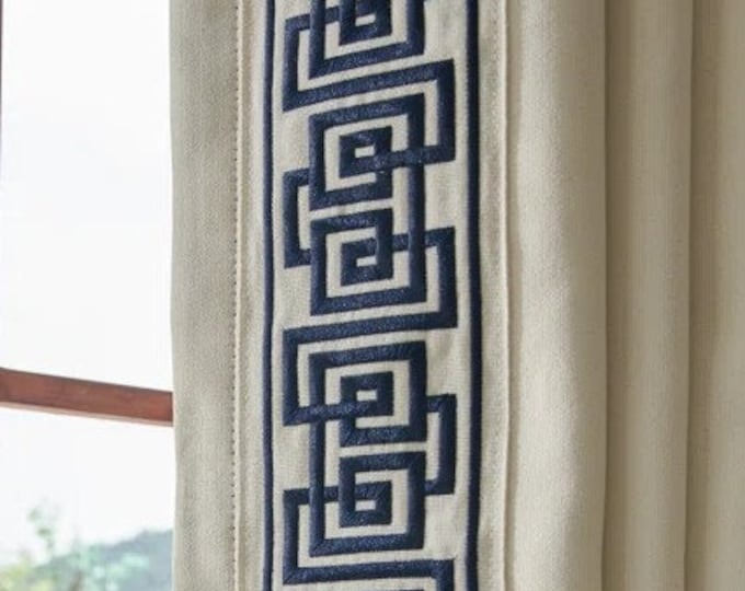 Ivory Geometric Trim Pinch Pleat Curtains, Ivory Cotton Greek Key Trim ...