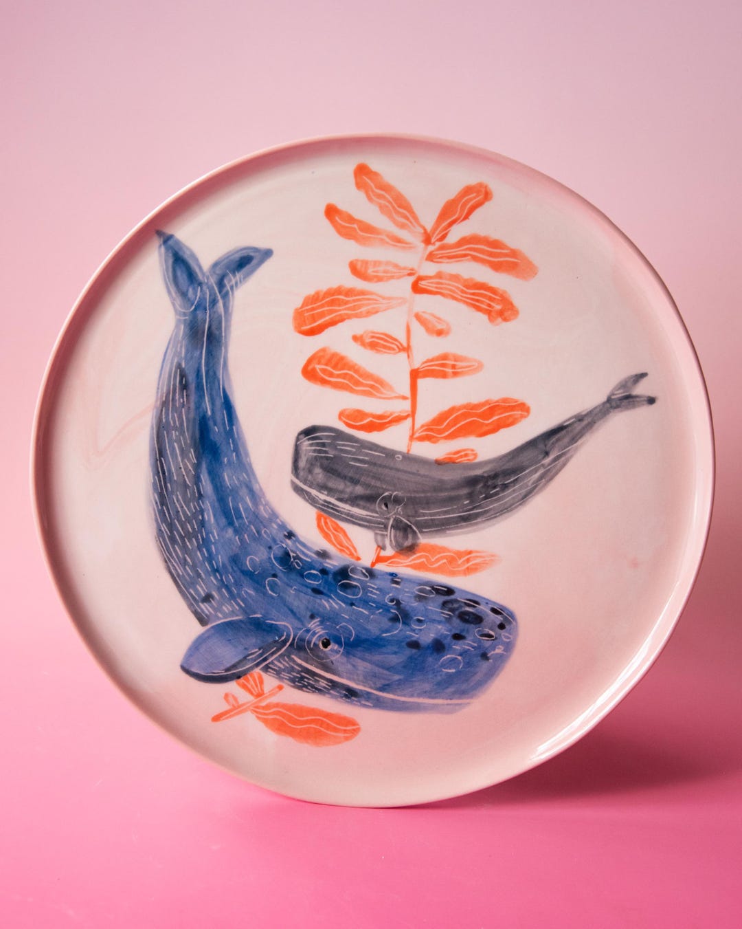 Whales on Pink Porcelain Dinner Plate, Hand Painted and Crafted ...