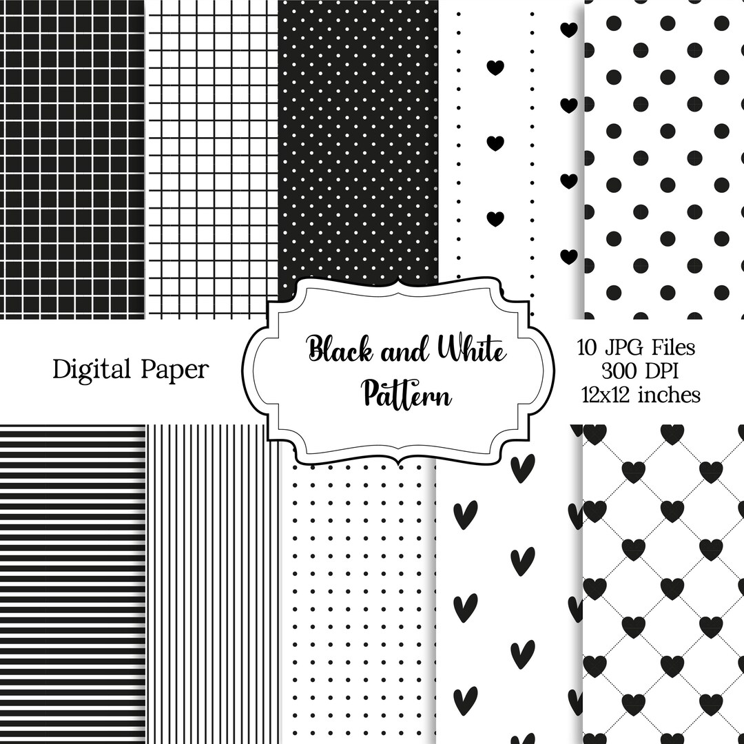 Black and White Digital Scrapbook Paper, Party Digital Paper, Heart ...