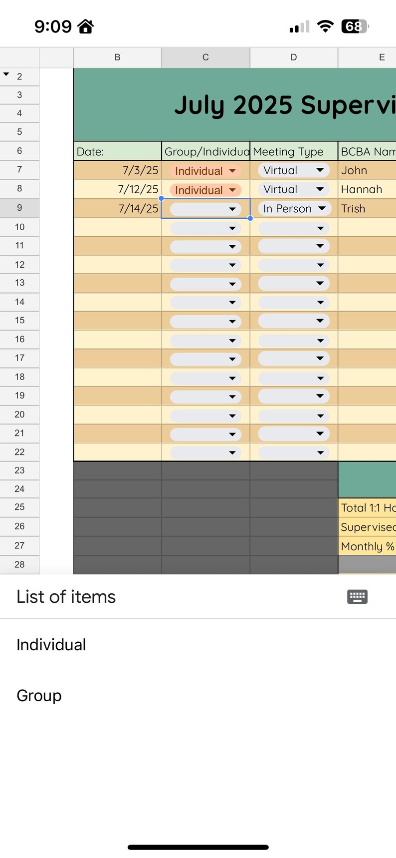 RBT Supervision Tracker: ABA Monthly Hours Log - Google Sheets/excel ...