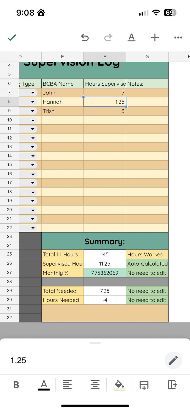 RBT Supervision Tracker: ABA Monthly Hours Log - Google Sheets/excel ...