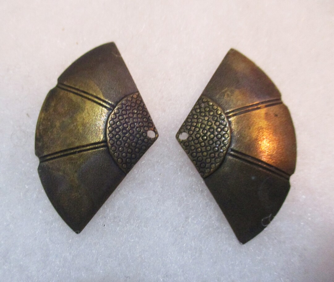1940's Vintage French Art Deco Fan Shape Stamped Patina Brass Earring ...
