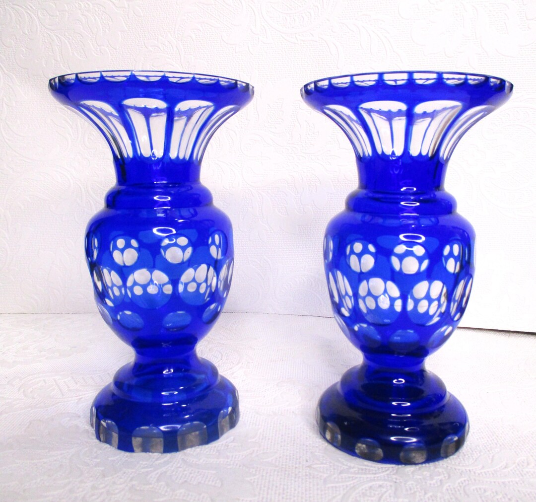 Early 20th Century Cut Cobalt Blue & Clear Cased Glass Vases, Bohemian ...
