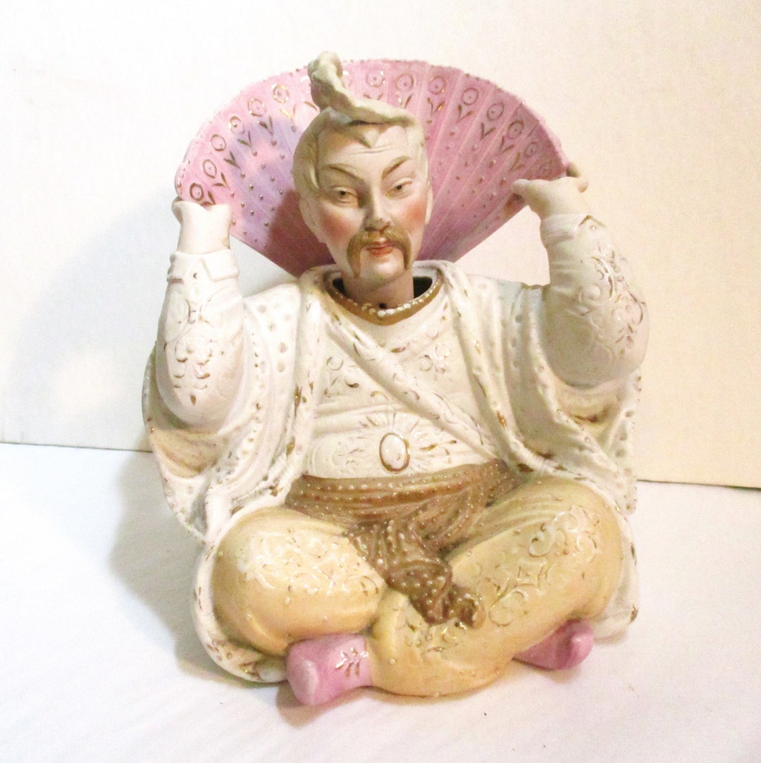 Antique German Bisque Oriental/asian Man With Fan Nodder, Hand Painted ...