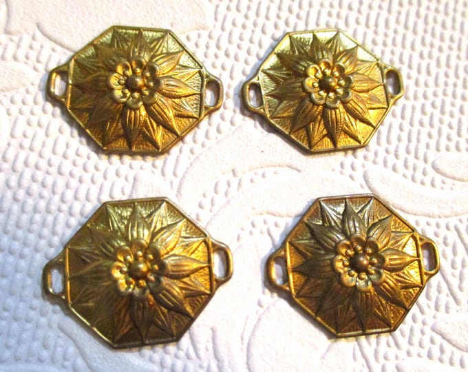 Four Brass Flower Connectors, Detailed Floral Jewelry Components ...