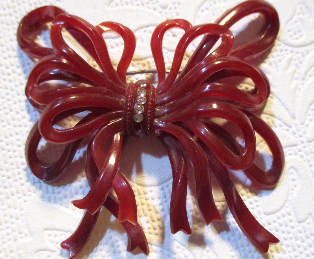 Vintage 1930's Large Bow Brooch Pin; Depression Era Maroon Red Plastic ...