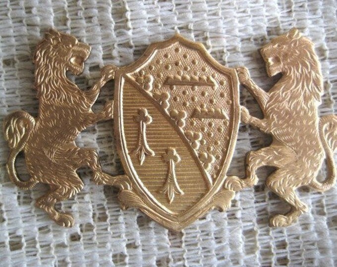 Vintage Royal Crest & Two Standing Lions Shield; Stamped Brass Jewelry ...