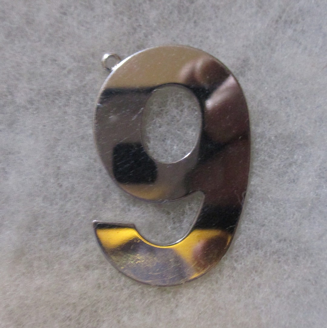 Chrome Number Nine Pendant, Vintage 1980's Silver Stamped Metal Numeral ...