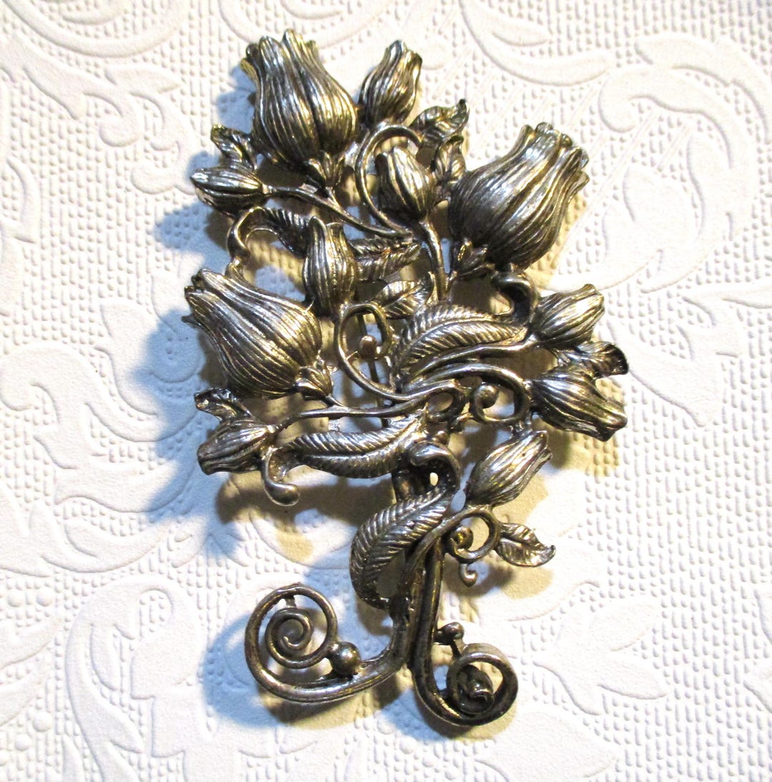 Large Vintage Mid Century Open Work Silver Tone Metal Floral Brooch Pin ...
