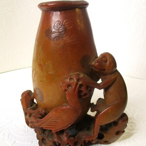 Older Vintage Chinese Carved Soapstone Vase With a Monkey and Bird. 4 3 ...