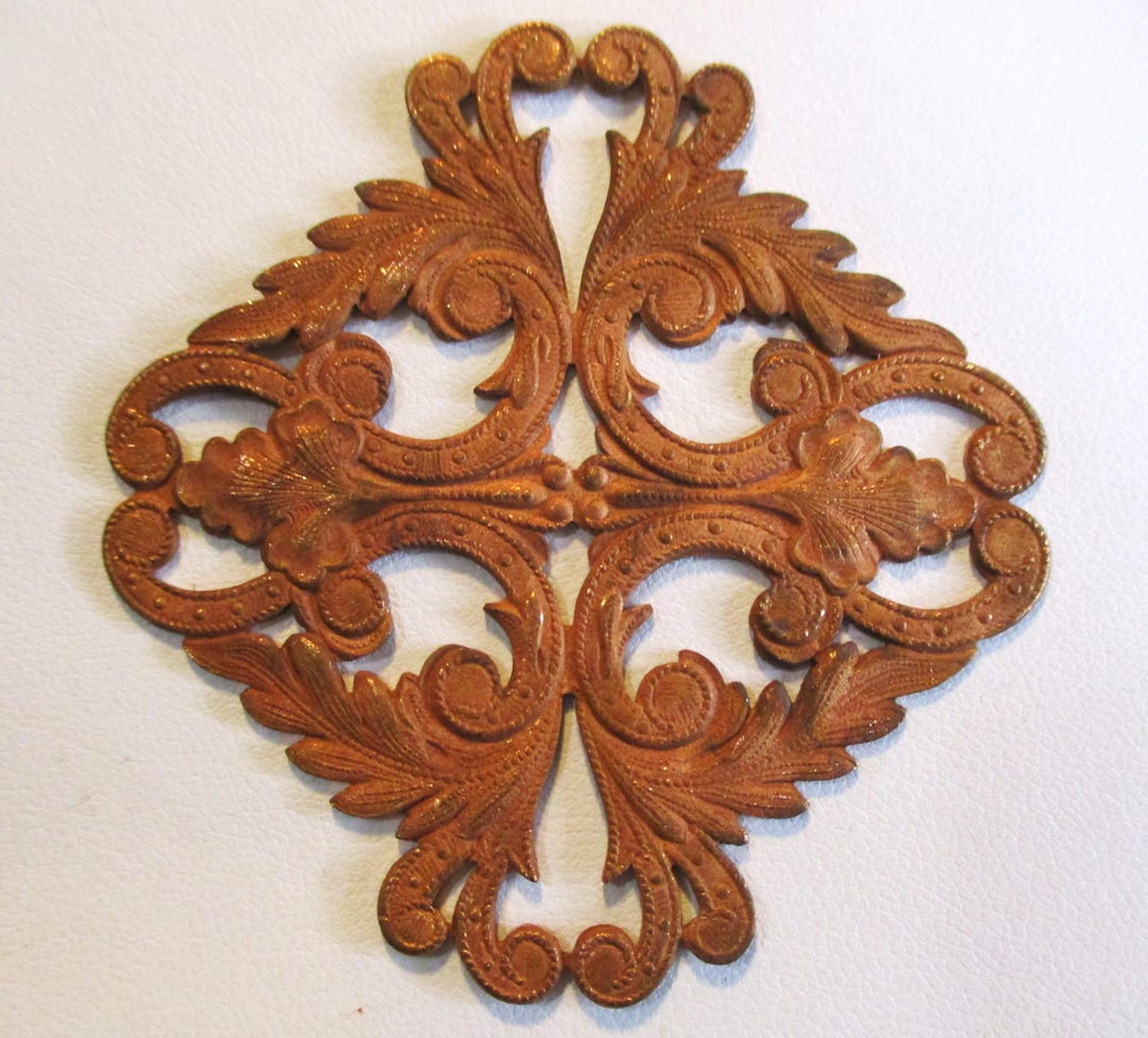Vintage Detailed Leaf Scroll Open Work Raw Patina Brass Stamping ...