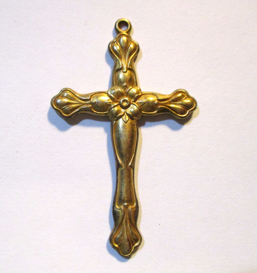 Vintage Die Struck Brass Cross Pendant, Cross Drop, Floral Design, 54mm ...
