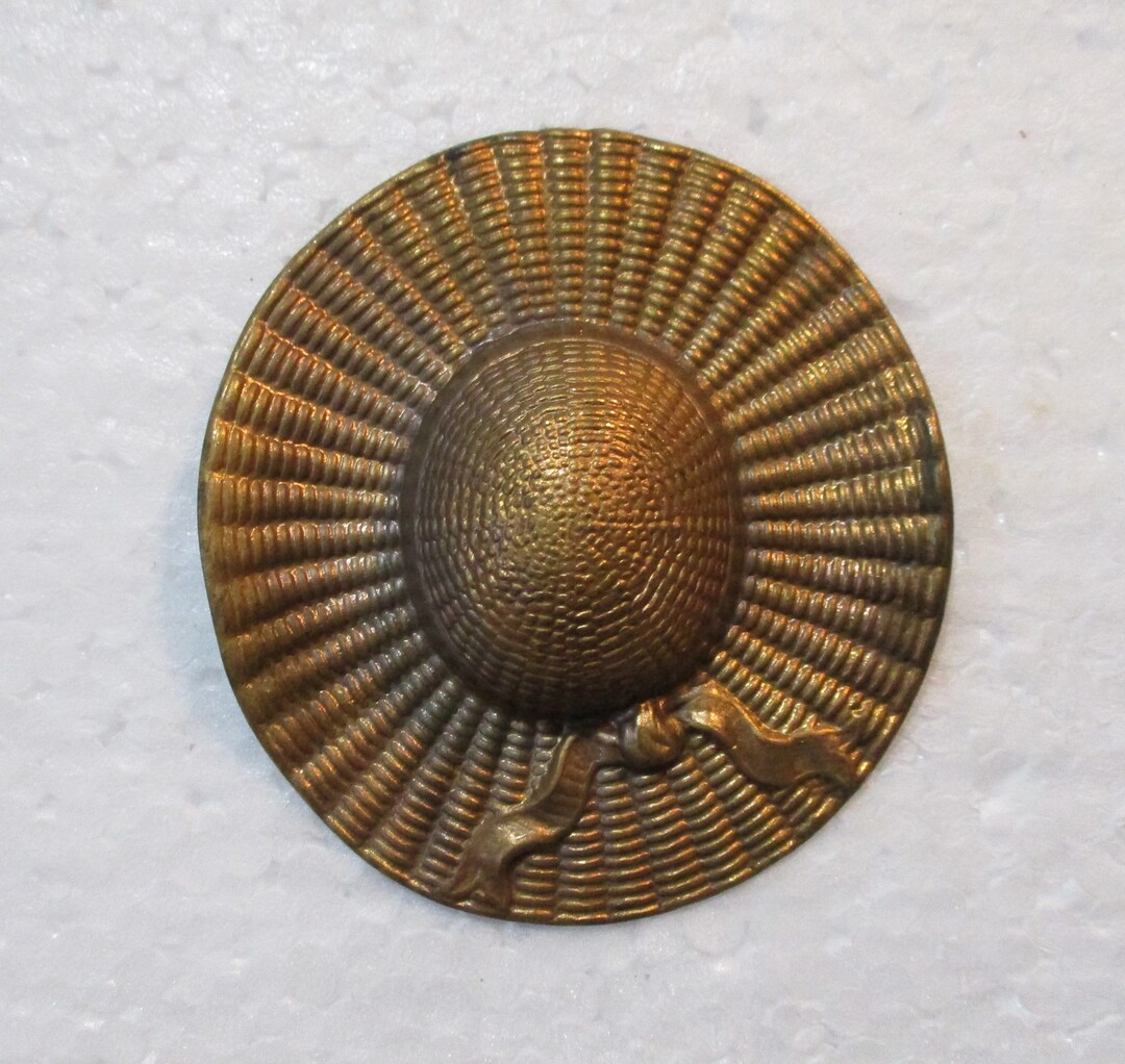 Vintage Stamped Brass Hat, French Wide Brim Straw Hat With Ribbon ...