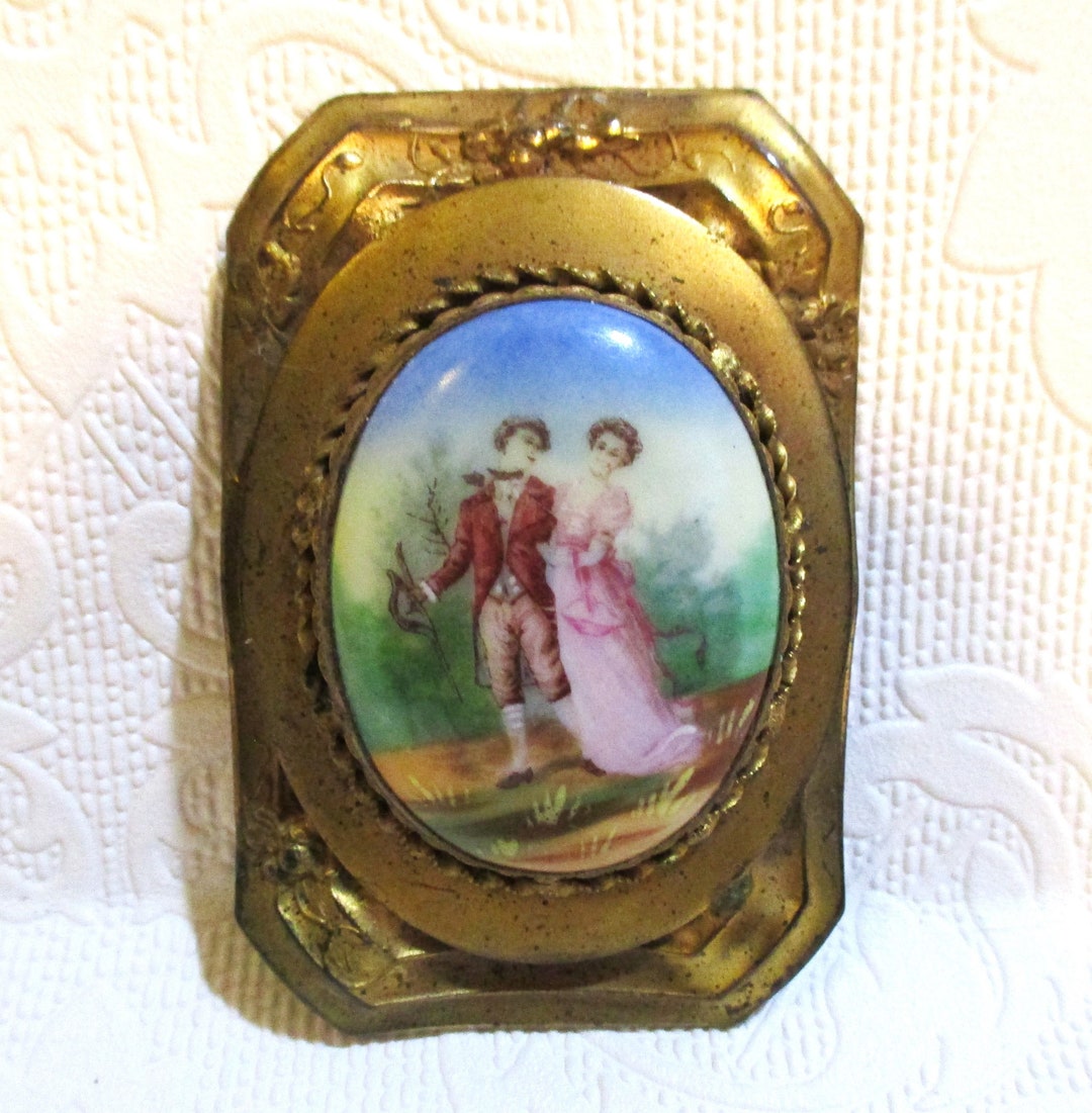 Antique Edwardian Sash/brooch Pin; Patina Brass/transfer Ware Porcelain ...