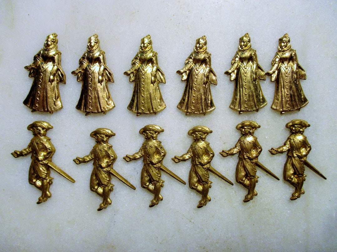 12 Vintage Colonial Style Lady & Gentleman Figures, Die Struck Brass ...