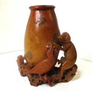 Older Vintage Chinese Carved Soapstone Vase With a Monkey and Bird. 4 3 ...